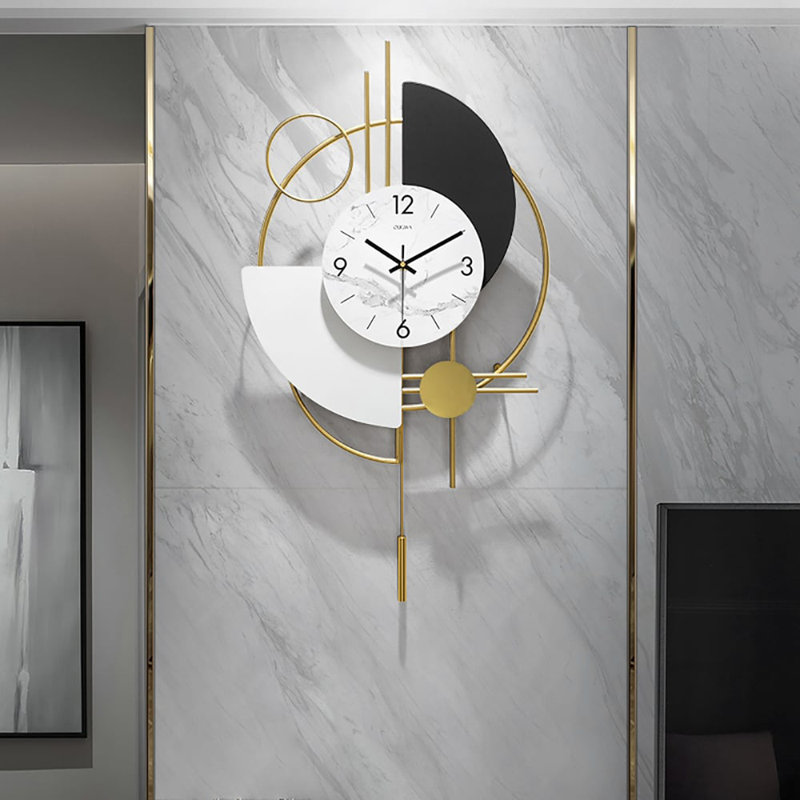 Willa Arlo™ Interiors Eustace Wall Clocks for Living Room, 3D Gold Pendulum Geometric Mute Metal ...